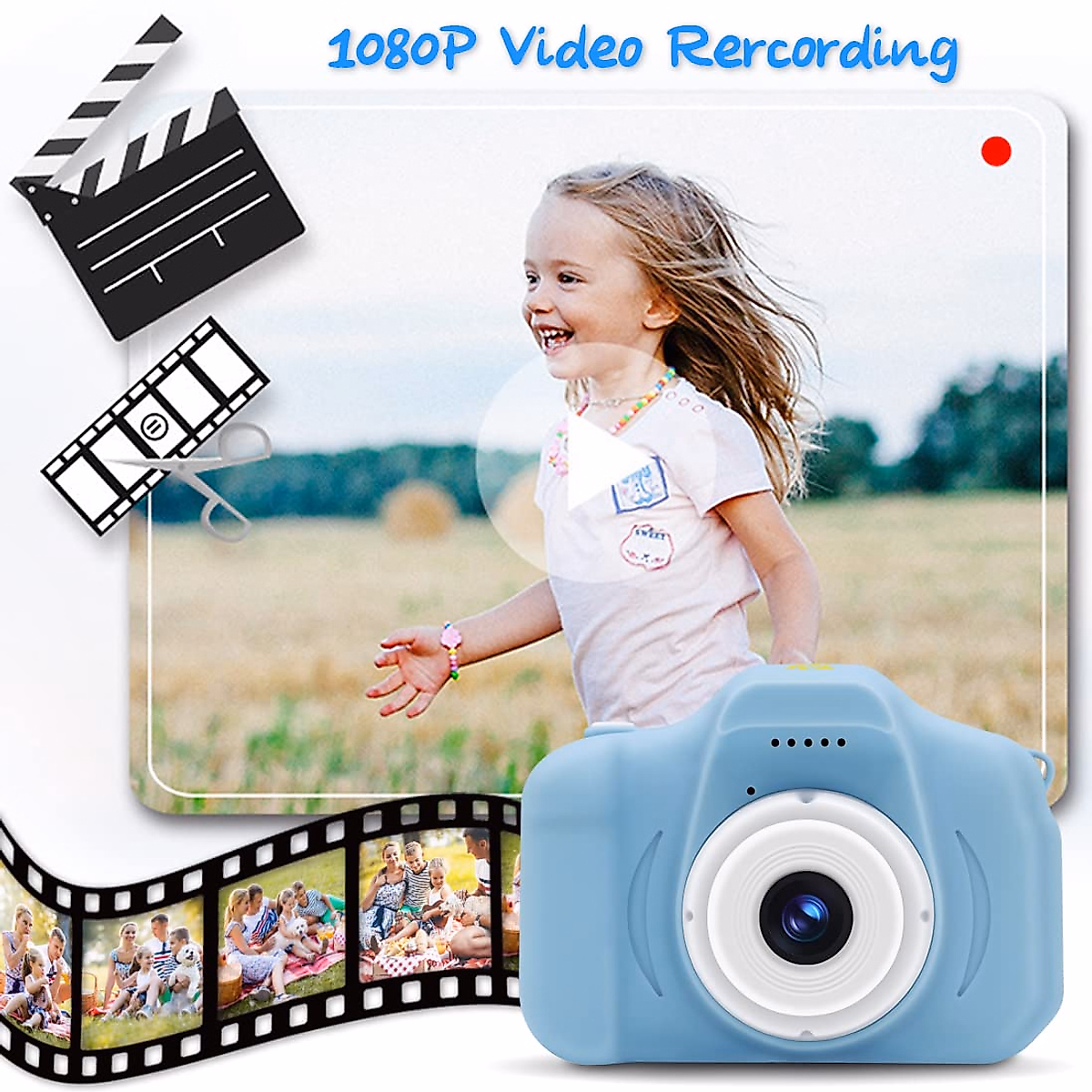 YUE3000 Kids Camera, Front and Rear Camera Digital Cameras for Boys and Girls Gift Age 3-9, 2.0 -inch Screen,1080P Video with 32GB SD Card-Blue