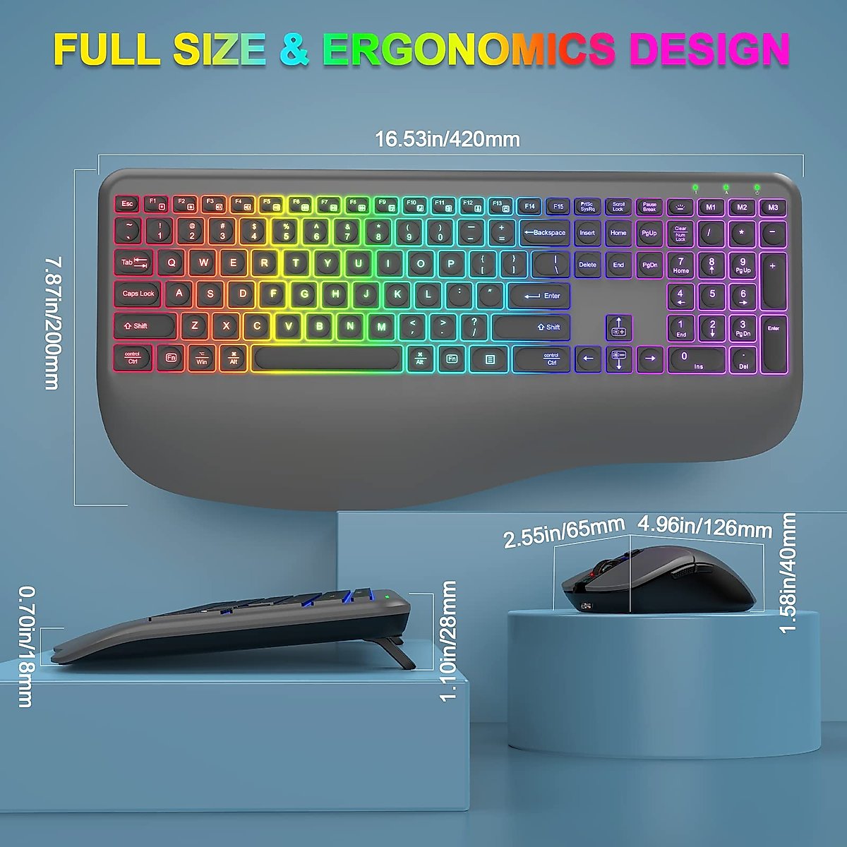 Wireless Keyboard and Mouse Combo with 7 Colors Backlit, Wrist Rest, 2.4G Rechargeable Ergonomic Full Size Light Up Wireless Keyboard and Mouse Set for Computer, PC, Mac, Laptop, Chromebook (Grey)