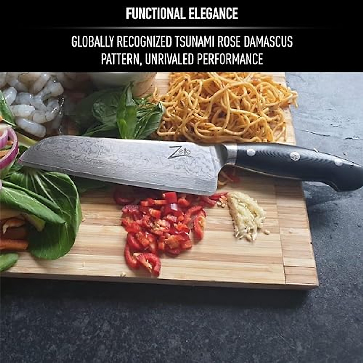 Zelite Infinity 7 Inch Santoku Knife - Japanese Chef Knife with Deep 53mm Blade; Japanese AUS-10 Super Steel 45-Layer Damascus Kitchen Knife with Tsunami Rose Damascus Pattern - Luxurious Gift Box