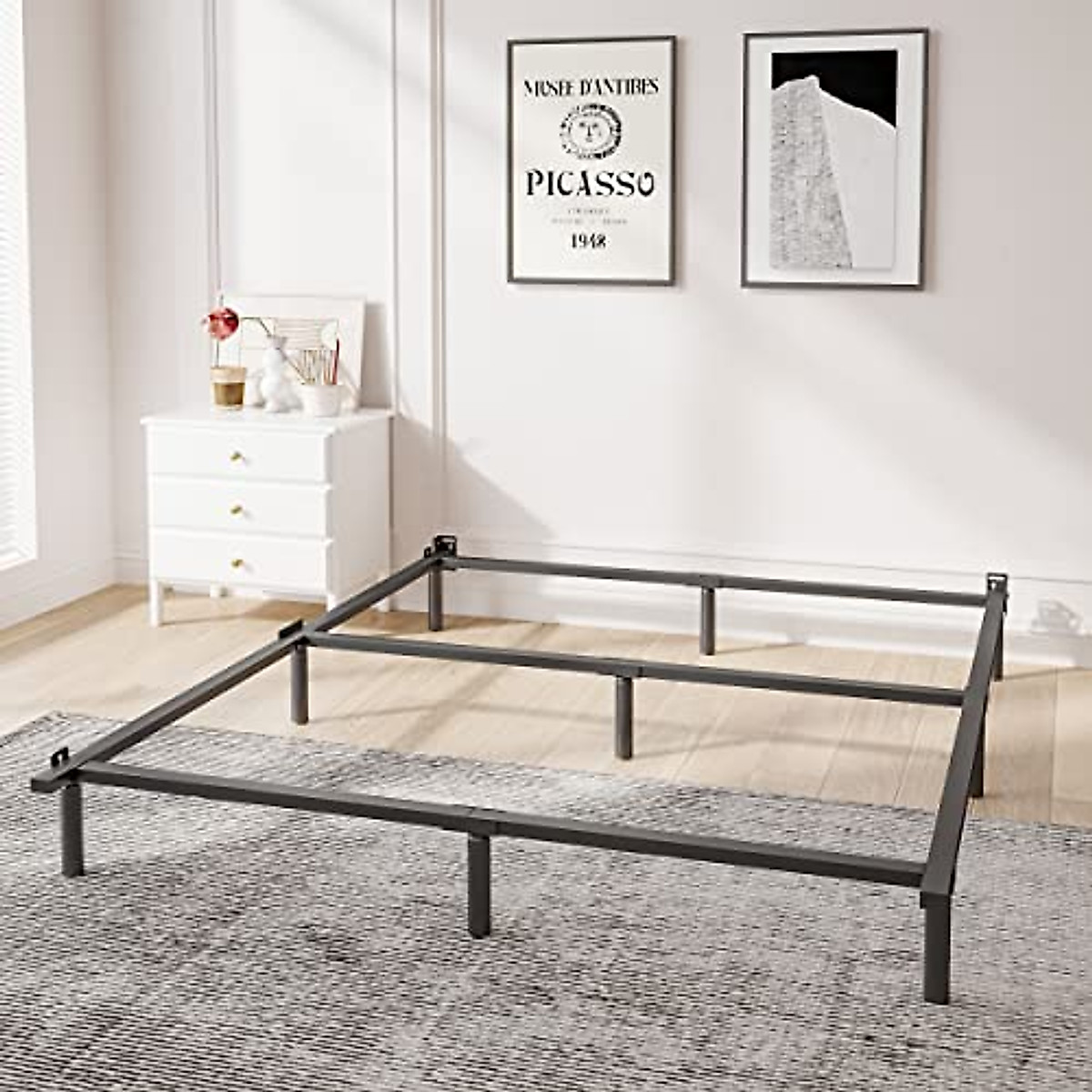 THEOCORATE Bed Frame Queen, 7 Inch Metal Basics Bed Frame, Low Profile Base for Box Spring, 9-Leg Support, Noise-Free, Easy Assembly, Black