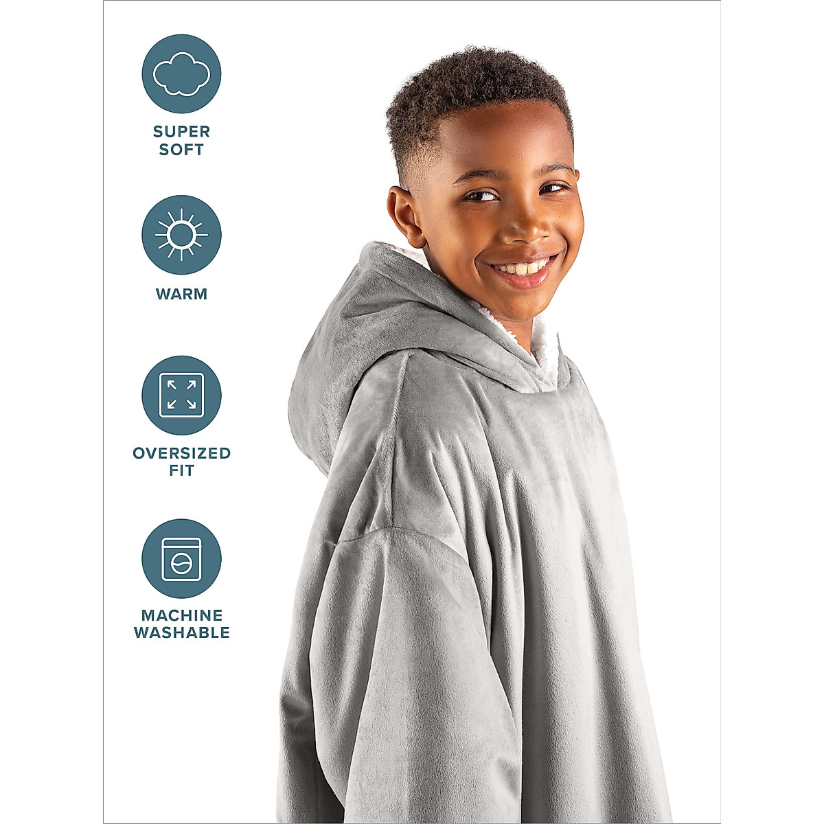 Bare Home Sherpa Fleece Wearable Blanket - Oversized Wearable Blanket Hoodie - Kids Size - Warm & Cozy - Soft Blanket - Comfortable Blanket Sweatshirt with Dual-Sided Pockets (Kids, Light Grey)