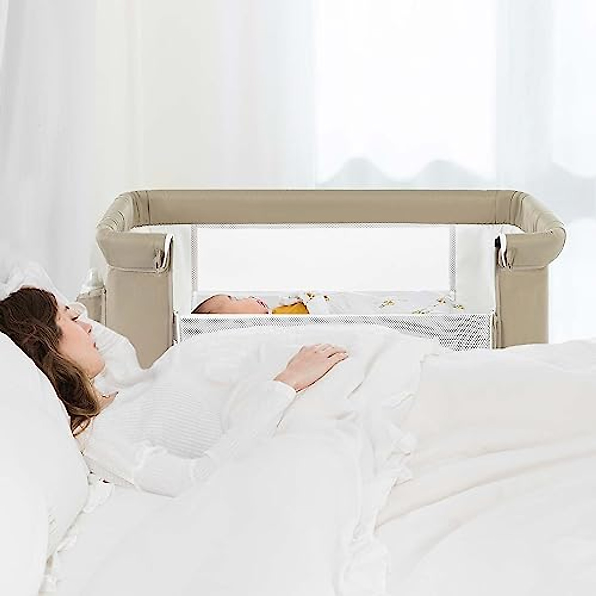 Ihoming Baby Bassinet Bedside Sleeper, Baby Bed Side Crib with Storage Basket, Easy Folding Bassinets, Adjustable Baby Bed for Infant Newborn, Pure Khaki