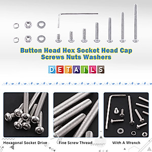 Glarks 1325Pcs M2 M3 M4 M5 M6 Button Head Screws 304 Stainless Steel Hex Socket Cap Screws Bolts and Nuts Washers Assortment Kit with Hex Wrench for Machinery Furniture Car Repair