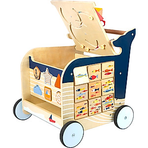 Wooden Whale Baby Walker by Small Foot – Classic 5-in-1 Activity Center - Interactive Toy with Shape Sorter, Puzzle Maze, Compass, Chalkboard - Develops Kids Coordination, Motor Skills –Age 12+ months