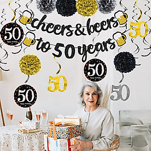 50th Birthday Decorations Kit for Men Women, Cheers to 50 Years Banner with Pom Poms Flowers, 50th Sparkling Hanging Swirl Decorations for 50th Birthday Wedding Party Supplies Decorations