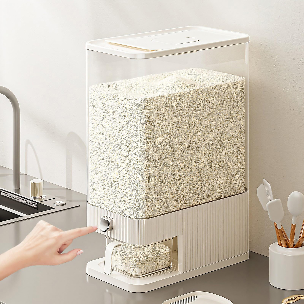 GUDEMAY Rice Dispenser with Measuring Cup and Fresh Box, Cereal Dispenser Storage Container - Ideal for Home Pantry - Keeps Rice, Soybeans, and Sugar Fresh