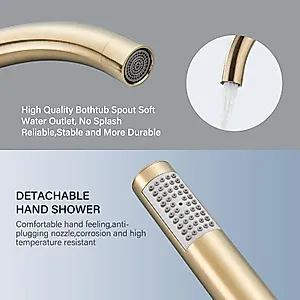 Brushed Gold Freestanding Bathtub Faucet with Hand Shower Tub Filler Faucet Floor Mounted High Flow Single Handle Bath Filler Solid Brass