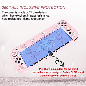 DLseego Cute Dog Switch OLED Protective Case Silicone Soft Cover Shockproof Pink Skin Joy Con Shell with 4PC Cat Claw Thumb Grips Caps
