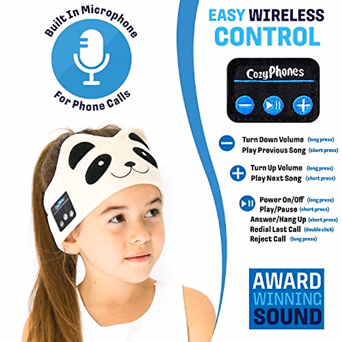CozyPhones Over The Ear Headband Headphones - Kids Wireless Headphones Volume Limited with Thin Speakers & Super Soft Fleece Headband - Panda