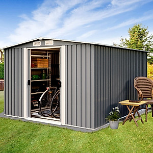Evedy Outdoor Shed - 10 x 8 FT Storage Sheds Galvanized Metal Shed with Slide Door, Tool Storage Backyard Shed Bike Shed, Tiny House Garden Tool Storage Shed for Backyard Patio Lawn
