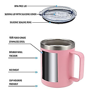 Kmass kmax 4pack 12oz Stainless Steel Insulated Coffee Mug with lid and handle.Double Wall Vacuum Travel coffee Cup (Pink)