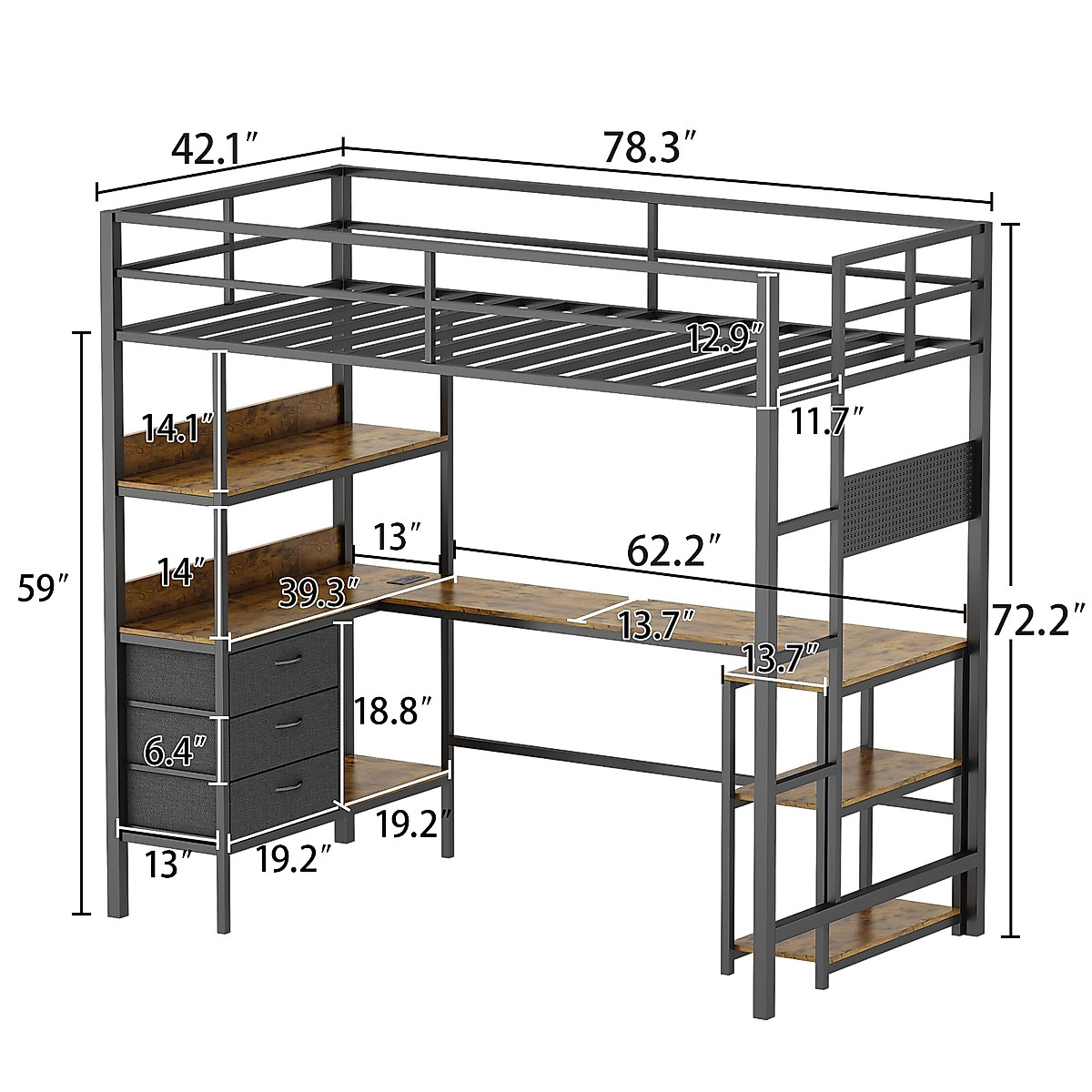 Loft Bed with Desk, Metal Loft Bed Twin Size with LED Lights and Charging Station, 6 Storage Shelves and 3 Fabric Drawers, Modern Bunk Bed with Desk for Teens and Adults, No Box Spring Needed (Black)