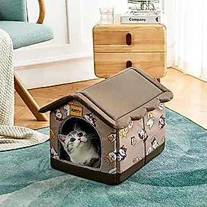Jiupety Cozy Pet Bed House, Indoor/Outdoor Pet House, S Size for Cat and Small Dog, Warm Cave Sleeping Nest Bed for Cats and Dogs, Brown