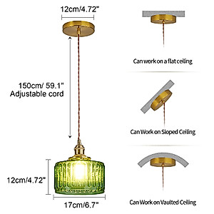 Qufute Green Hanging Light Vintage Modern Pendant Light Fixture with Stripe Green Glass Shade Glass Pendant Lighting Gold Pendant Lamp for Kitchen Island Bedroom Farmhouse