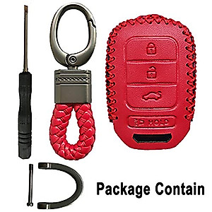 Alegender Hand Sewing Red Leather 4 Buttons Key Fob Cover Case Remote Protector Skin Bag Fits for 2013-2017 Honda Accord Sports 2017 Civic lx 2015 CR-V lx