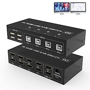 4 Port HDMI KVM Switch Dual Monitor - 4K@60Hz Extended Display 2 Monitors 4 Computers KVM Switch HDMI 4 in 2 Out - Monitor Keyboard Mouse Switcher with 4 USB Cables USB Power Cord Controller