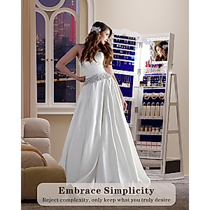 Full-Length Standing Mirror Jewelry Cabinet with Lights, Storage, and Rotating Shelf - White