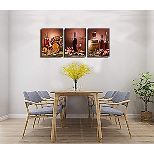 Baisuwallart-3 Pieces Kitchen Wall Decor Red Wine Cups HD Modern Framed Wall Art Drink Food and Beverage Restaurant Canvas Prints Pictures Paintings Wine Glass Barrel for Dining Room