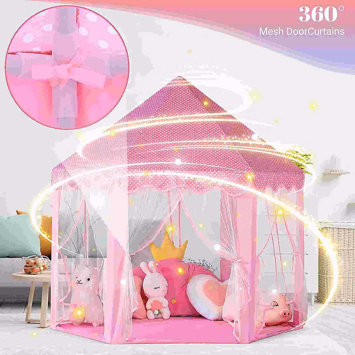 Princess Tent, Play Tent with LED Star Lights, Girls Castle Play Tent, Hexagon Playhouse with Star Lights, Portable Pink Castle for Home, Backyard, Park, Party, Indoor or Outdoor Games (Pink)