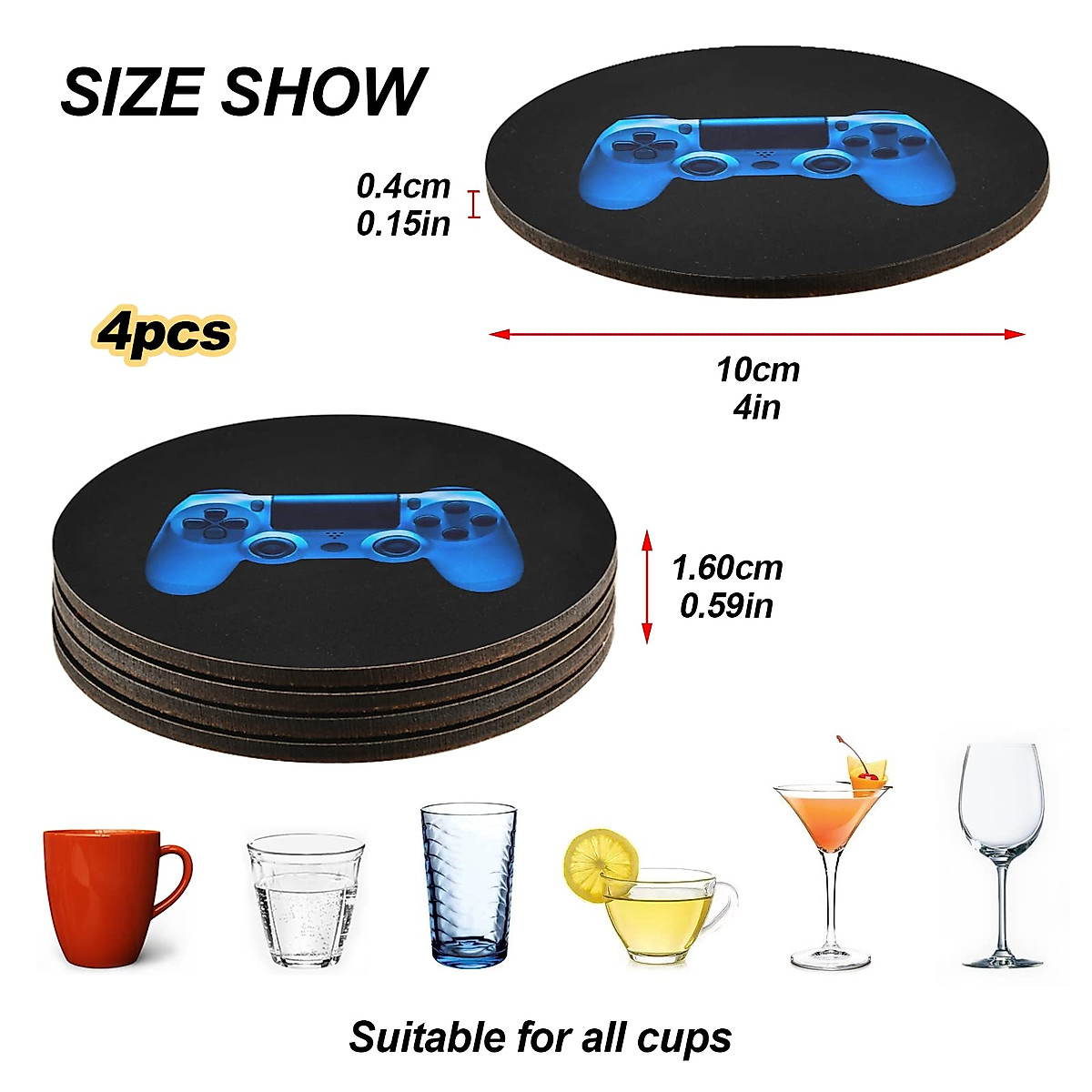 Video Game Joystick Gamepad in Blue Neon Lights Isolated on Black 4 Pcs Tea Wooden Round Coaster Set, Non-Slip Lightweight Wooden Coaster for Party Home Office Kitchen Bar Coffee Table