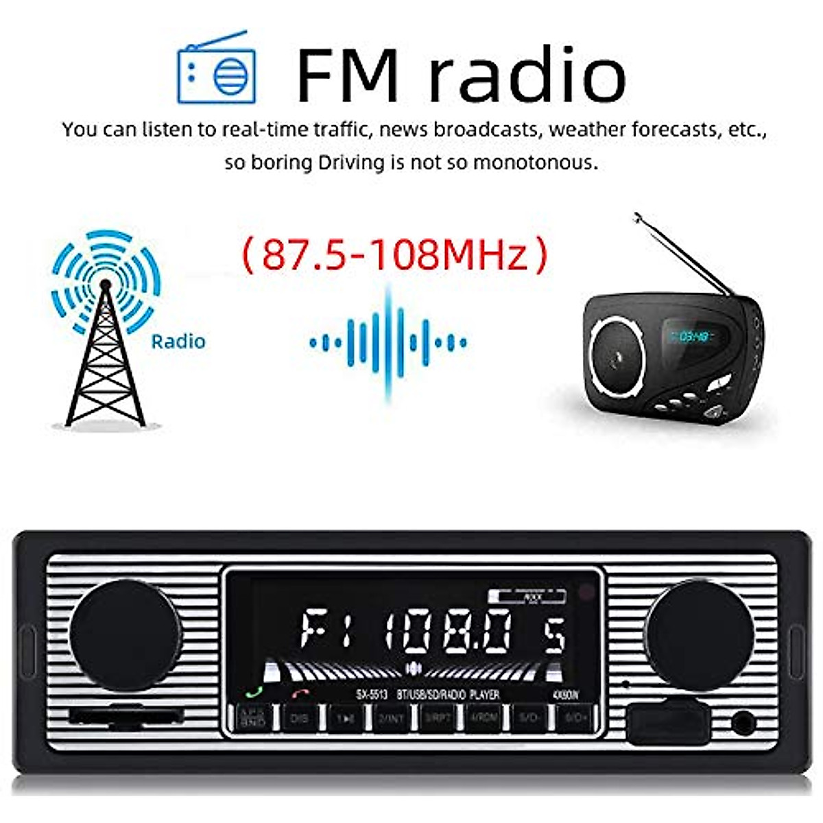 FYPLAY Classic Bluetooth Car Stereo , FM Radio Receiver, Hands-Free Calling, Built-in Microphone, USB/SD/AUX Port, Support MP3/WMA/WAV, Dual Knob Audio Car Multimedia Player, Remote Control