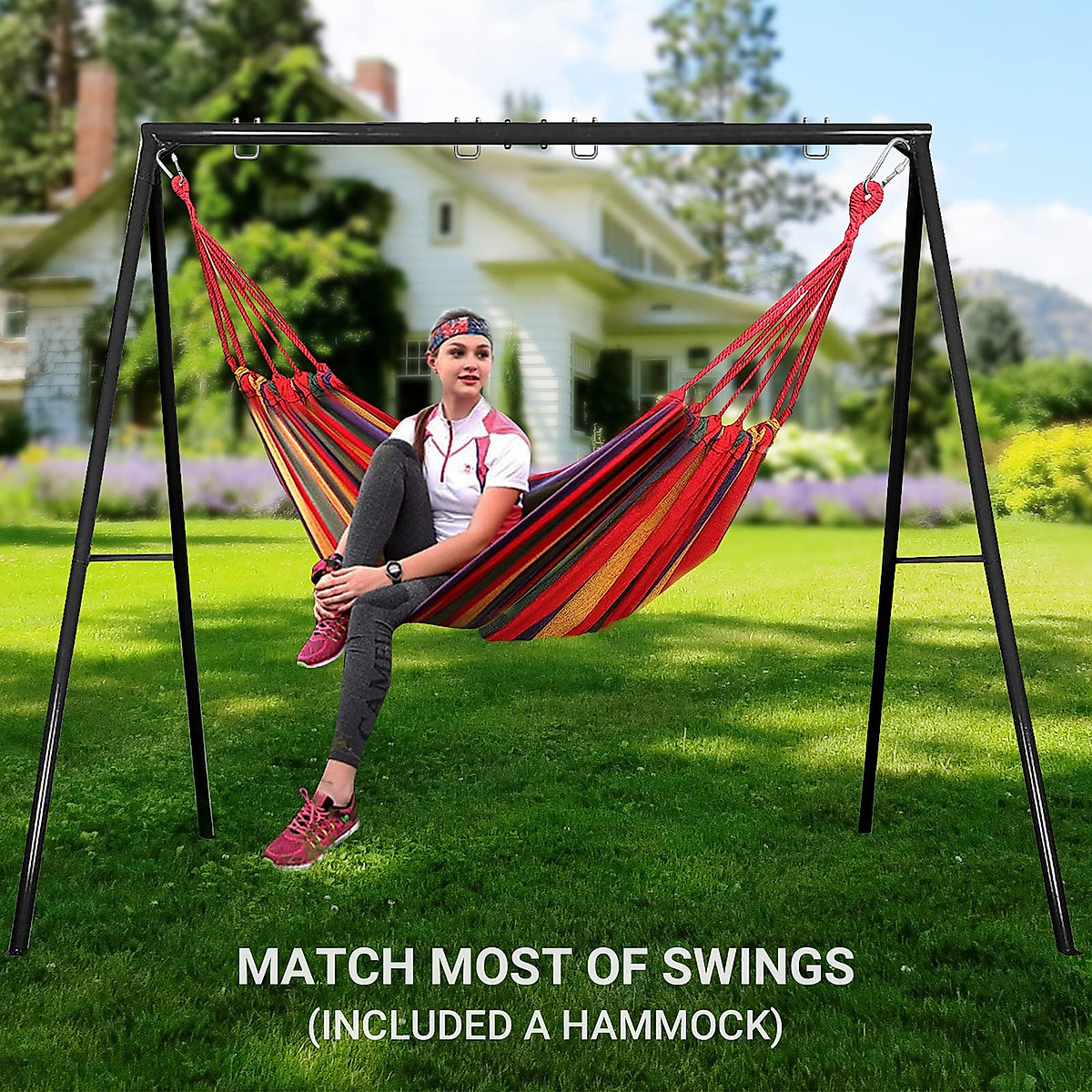 IKARE Metal Swing Frame with Hammock, Extra Large 2 in 1 Swing Stand Fits for Most Swings, Indoor and Outdoor Activities, Garden, Backyard, Playground