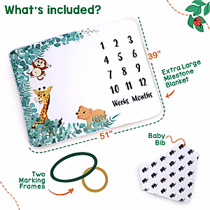 90210 Baby Milestone Blanket – 50x40-inch Milestone Blanket with Bib & Frames – Soft Fleece Baby Milestone Photo Blanket – Gender Neutral Baby Grow Chart Blanket for Nursery Décor Baby Shower (Jungle)