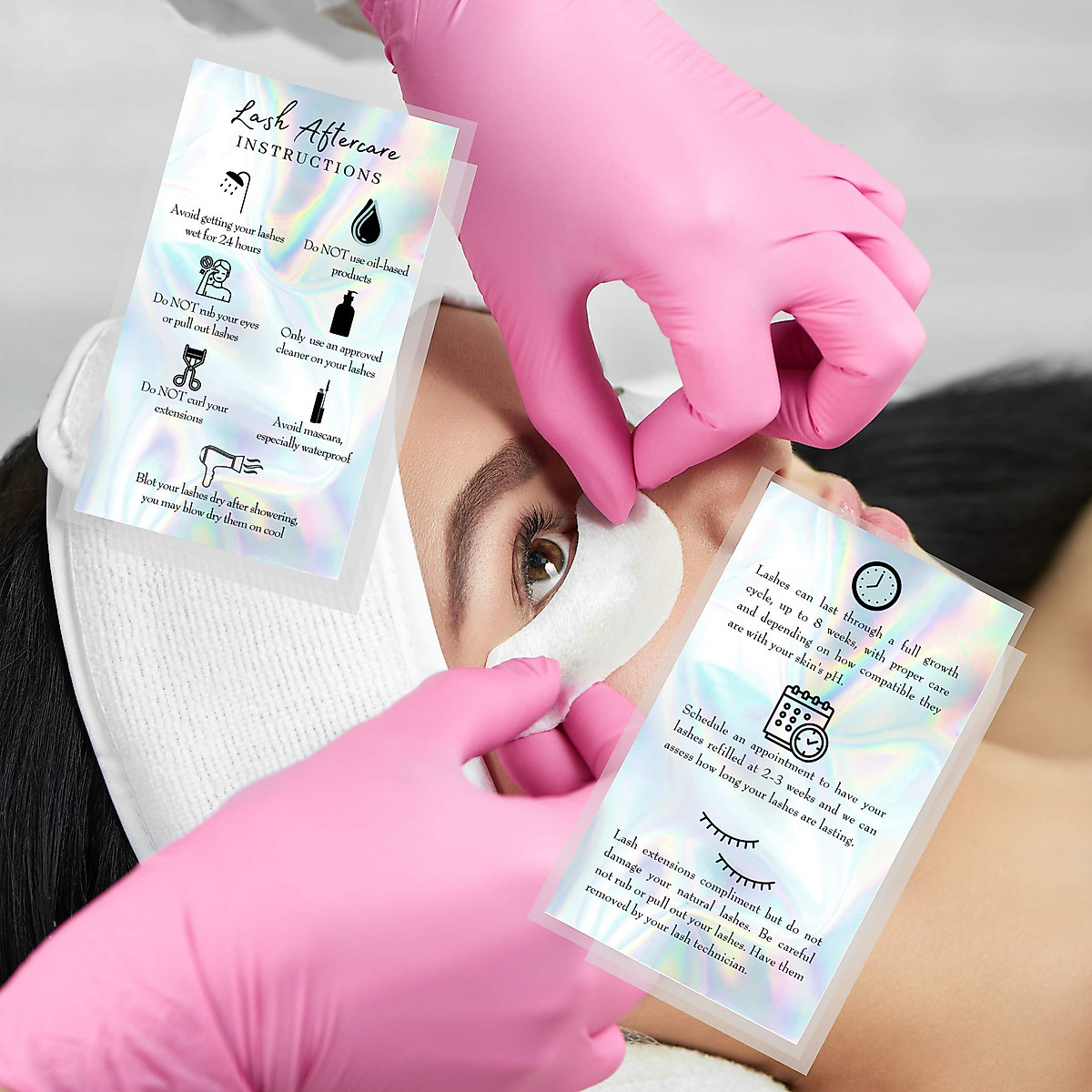 Lash Extension Aftercare Cards | 50 Pack | Business Card Size 3.5 x 2" inches After Care (2-3 Week Fillers) | Non-Reflective Matte Rainbow Holographic Look Design