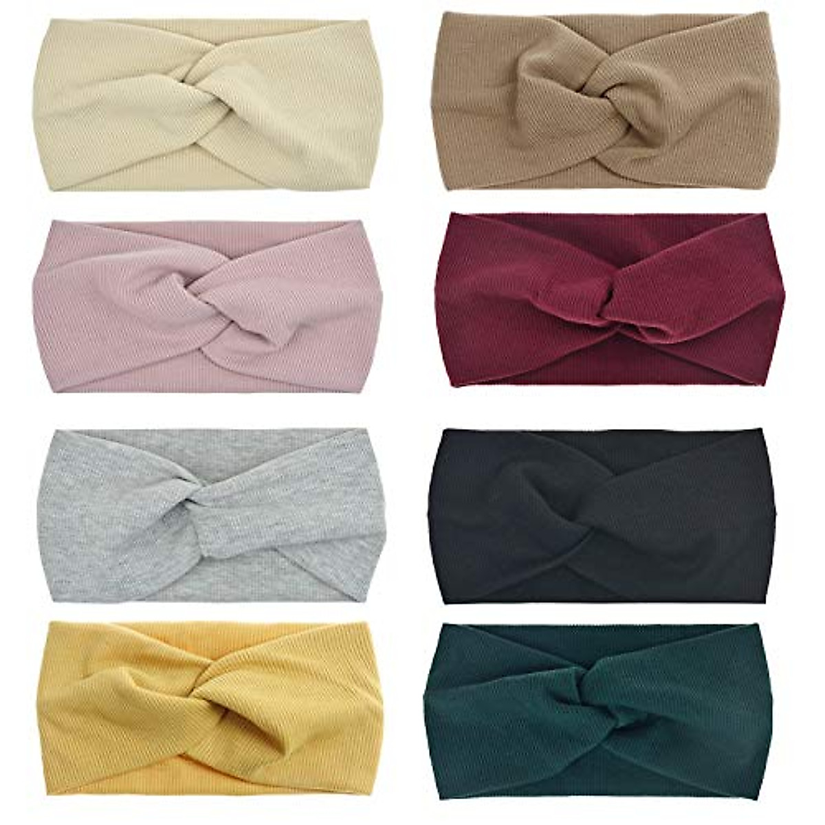 DRESHOW 8 Pack Girls Turban Wide Headbands for Women Headwraps Knotted Elastic Yoga Workout Solid Color Hair Accessories