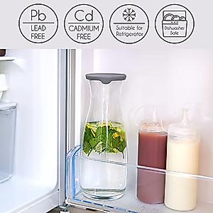 CRYSTALIA Glass Carafe with Lid, Drink Pitcher and Plastic Carafe Lid for Water Milk Iced Tea or Lemonade, Clear Glass Orange Juice Bottles for Mimosa Bar Supplies, Large Glass Container for Fridge