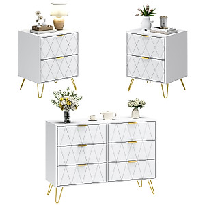 Anbuy 3 Pcs Bedroom Sets, 6 Drawer Dresser and Night Stand Sets for Bedroom, Two Drawers Nightstand Set of 2 & 6 Drawer Dresser Combo 3 Pieces (White)