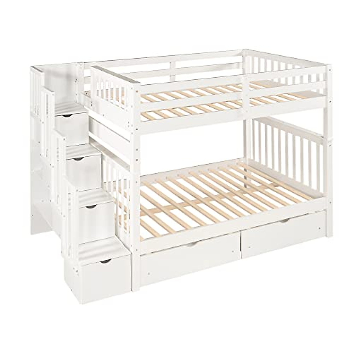 Harper & Bright Designs Full Over Full Bunk Beds with Storage Drawers and Stairway, Wood Bunk Bed Frame, Convertible Bunk Bed for Kids, Teens, Bedroom, Guest Room Furniture (White)