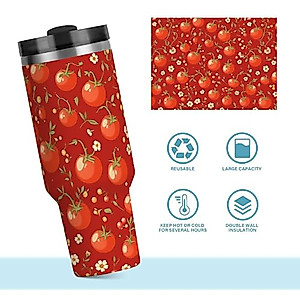linqin Cartoon Red Tomato Vacuum Tumbler Insulated with Straw Lid 30 oz Kids Water Bottles Wide Mouth Travel Coffee Mug with Handle for Water, Iced Tea or Coffee