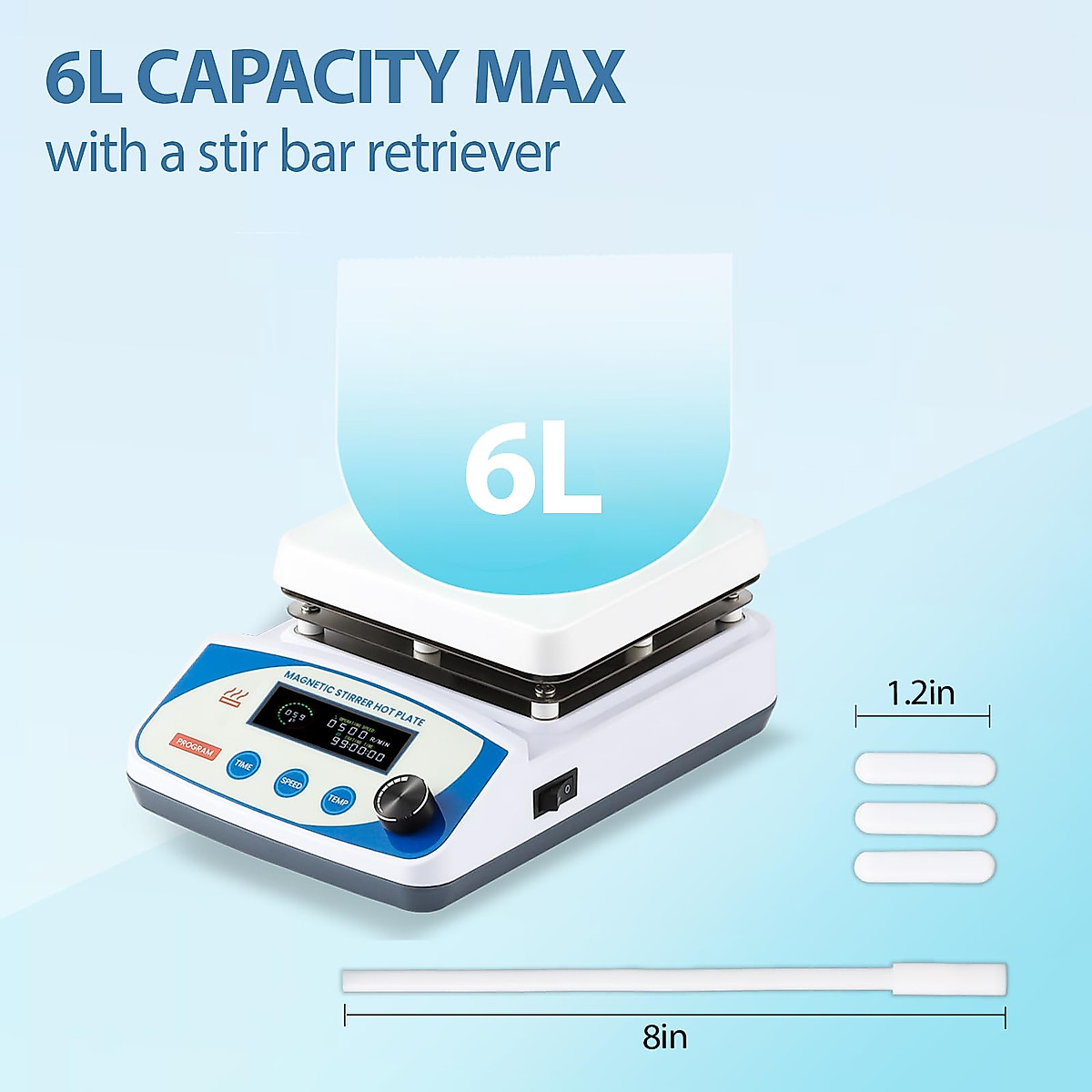 BAOSHISHAN 6.6 Inch Magnetic Stirrer Hot Plate with Timer, 6L Stirring Capacity 300C/572F Hotplate with 3 Stirring Bar, Stir Bar Retriever, Thermal Probe and Support Stand 110V