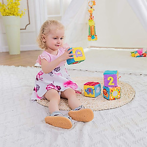 ORAPOH My First Baby Soft Rattle Blocks Infant Early Education Toys, Velvet Cloth Foam Grab and Stack Building Blocks Toy with Safety Mirror for 0-36 Month