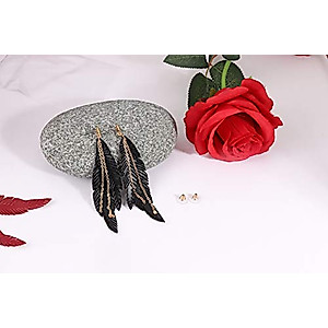 NVENF Feather Tassel Dangle Earrings for Women Bohemian Faux Leather Plume Gold-tone Metal Chain Fringe Statement Drop Earrings Vintage Ethnic Style Jewelry (Black)