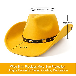 Lanzom Women Men Classic Felt Wide Brim Western Cowboy Cowgirl Hat with Belt Buckle(Yellow, Medium)