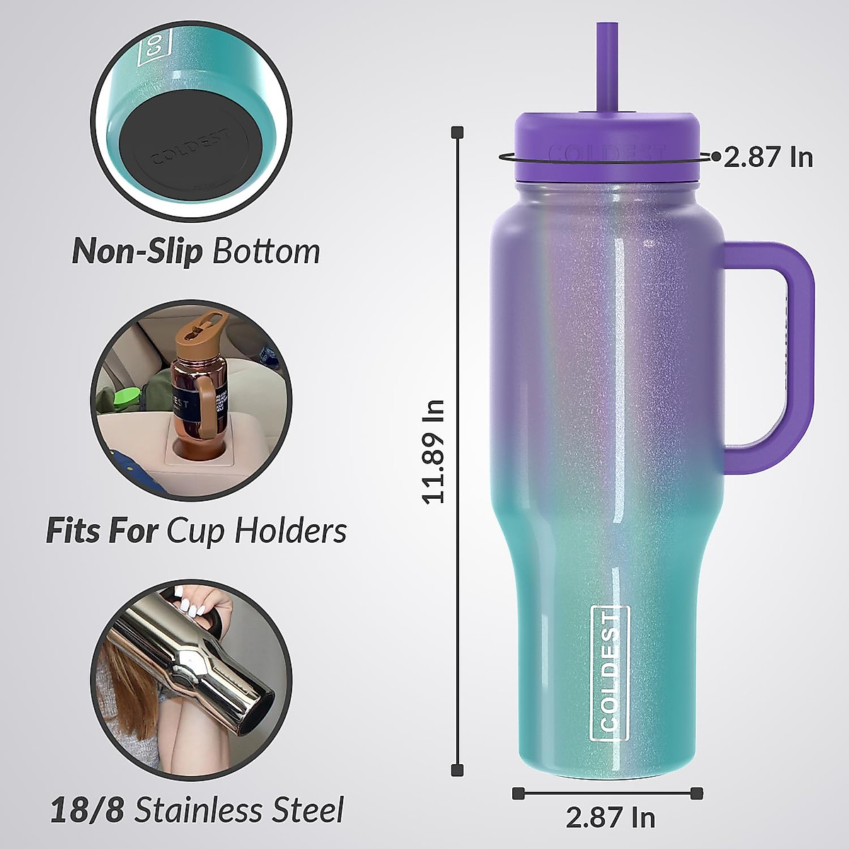 Coldest Tumbler with Handle and Straw Lid | 3 Lids Insulated Reusable Stainless Steel Water Bottle Travel Mug | Gifts for Women Him Her | Limitless Collection (36 oz, Interstellar Reef Glitter)