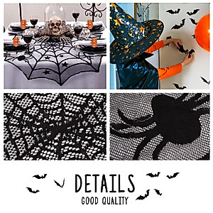 Halloween Decorations Indoor Set , -Halloween Fireplace Mantel Scarf & Round Table Cover & Lace Table Runner &Halloween Banner & 60 pcs Scary 3D Bat for Halloween Party Decorations Black