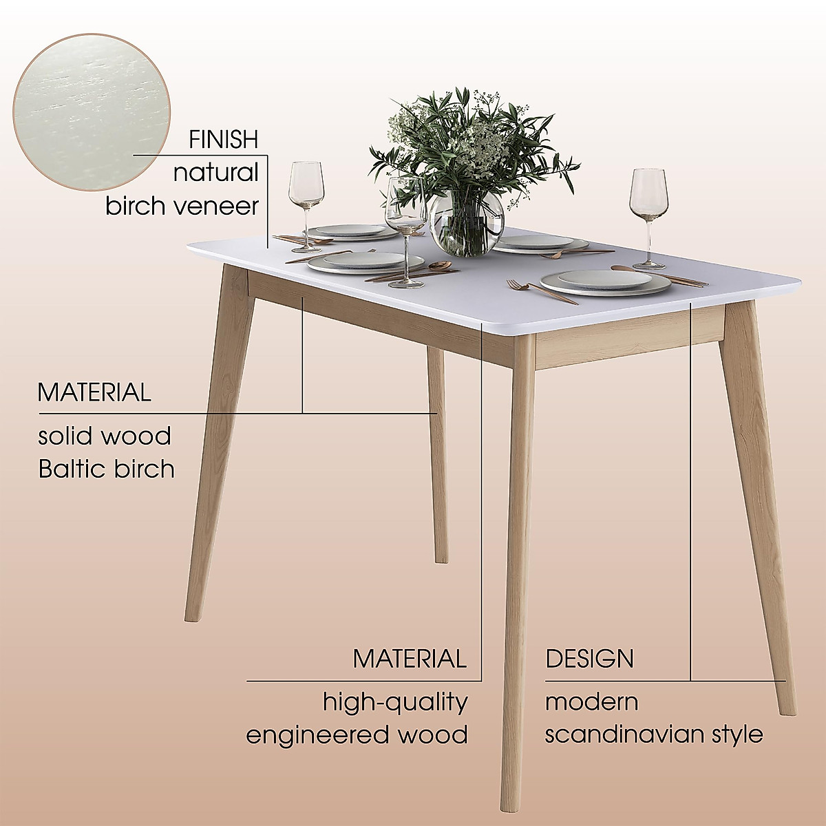 DAIVA CASA Pegasus Rectangular Dining Table - Birch Solid Wood Kitchen & Dining Room Furniture - Mid Century Modern Scandinavian Style – White Brown Kitchen Table for Small Space – 40х24 inch