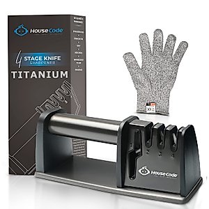 HouseCode Premium TITANIUM Knife Sharpener, 4 in 1 Knife Sharpening with Cut-Resistant Glove, Ergonomic Handle - Sharpen and Polish Kitchen Knives and Scissors, Non-Slip Base for Safe Sharpening (9")