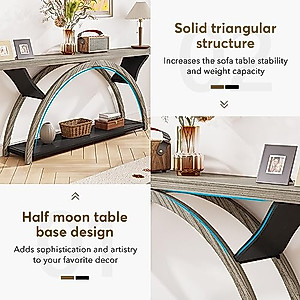 Tribesigns 70.87" Console Table with Storage Shelf, Narrow Long Sofa Table Behind Couch Table, 2-Tier Rustic Entryway Table with Half Moon Frame for Hallway Living Room, Gray & Black