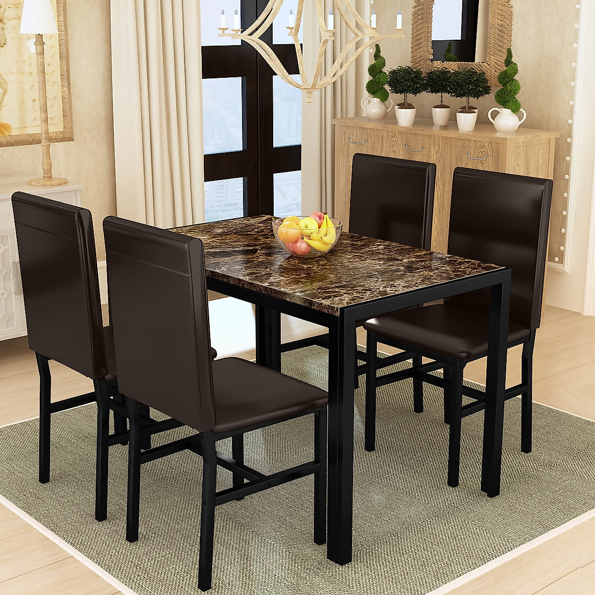 Recaceik Dining Table Set for 4, Kitchen Table and Chairs for 4, Faux Marble Dinner Table Set with 4 Upholstered PU Leather Chairs, Dining Room Table Set for Kitchen Dining Room (Brown)