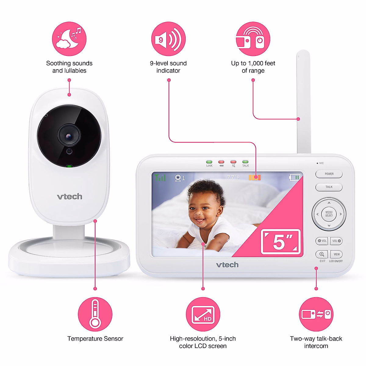 VTech VM5251 5” Digital Video Baby Monitor with Full-Color and Automatic Night Vision, White 5 inch