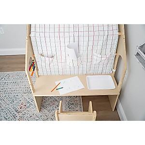 Avenlur Flair Montessori Style Wooden 5 in 1 Indoor Playhouse Play Tent with Desk Table, Chair, Chalkboard, Floor Cushion and Curtain Shades for Babies, Toddlers, Kids (Large, Windowpane)