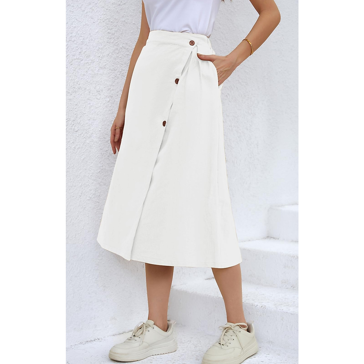 CHARTOU Women's Summer Linen Elastic Back Buttoned Swing Midi A Line Skirt (Large,White)