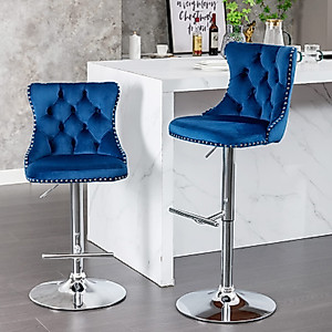 ODUSE-DAILY Velvet Swivel Bar Stools Set of 2, 25-33 Inch Height Adjustable, Counter Height Bar Stools with Back, Bar Chairs for Counter Height Bar Height Kitchen Island (Chrome, 2 Blue)