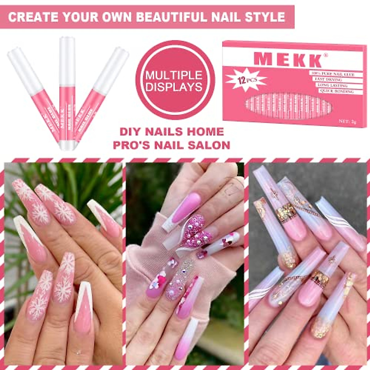 Nail Glue, MEKK Nail Glue for Acrylic Nails, Long Lasting Professional Nail Tip Glue for Press on Nails, Super Bond for Acrylic Nails Adhesive Nail Glue for False Nail Tips 0.07OZ/PCS(12PCS)