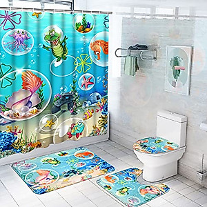 Alishomtll 4 Pcs Kids Ocean Shower Curtain Set with Non-Slip Rug, Toilet Lid Cover and Bath Mat, Funny Sea Fish Shower Curtain with Hooks, Cartoon Octopus Nautical Shower Curtains for Bathroom Decor