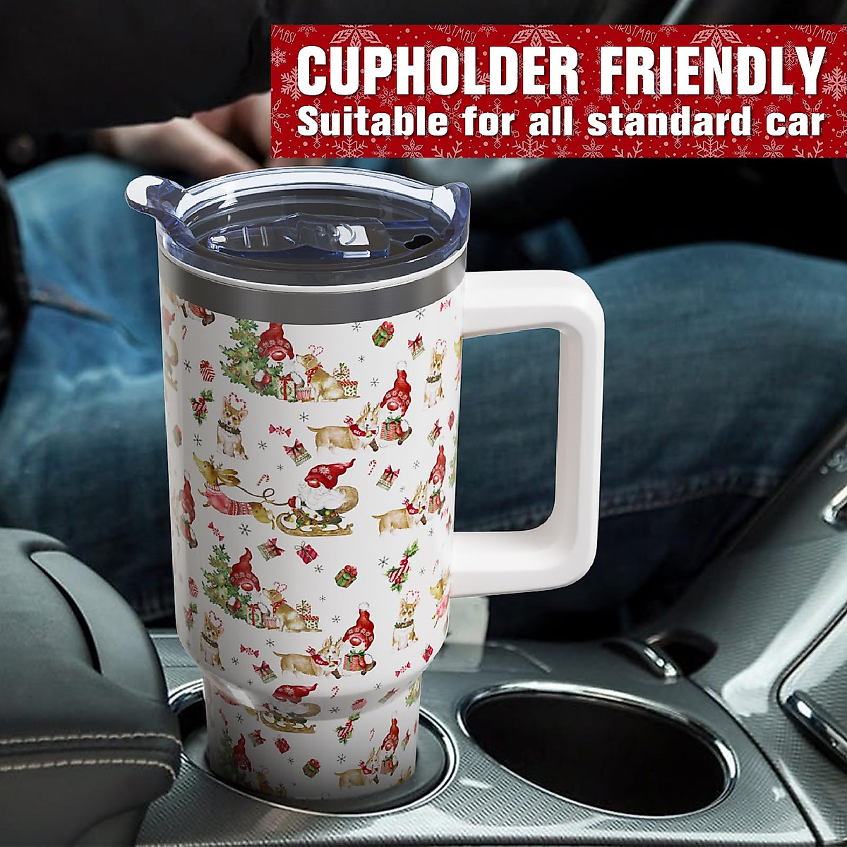 owbgsdh 40 oz Christmas Tumblers with Handle and Straw, Gnome Corgi 40oz Stainless Steel Vacuum Insulated Travel Coffee Mug Cup Water Bottle, Christmas Decor Stuff Accessories Gifts for Women